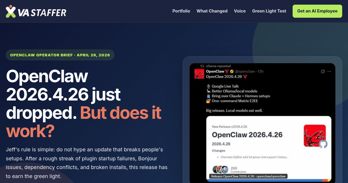 OpenClaw 2026.4.26: The Update That Needed To Work | VA Staffer